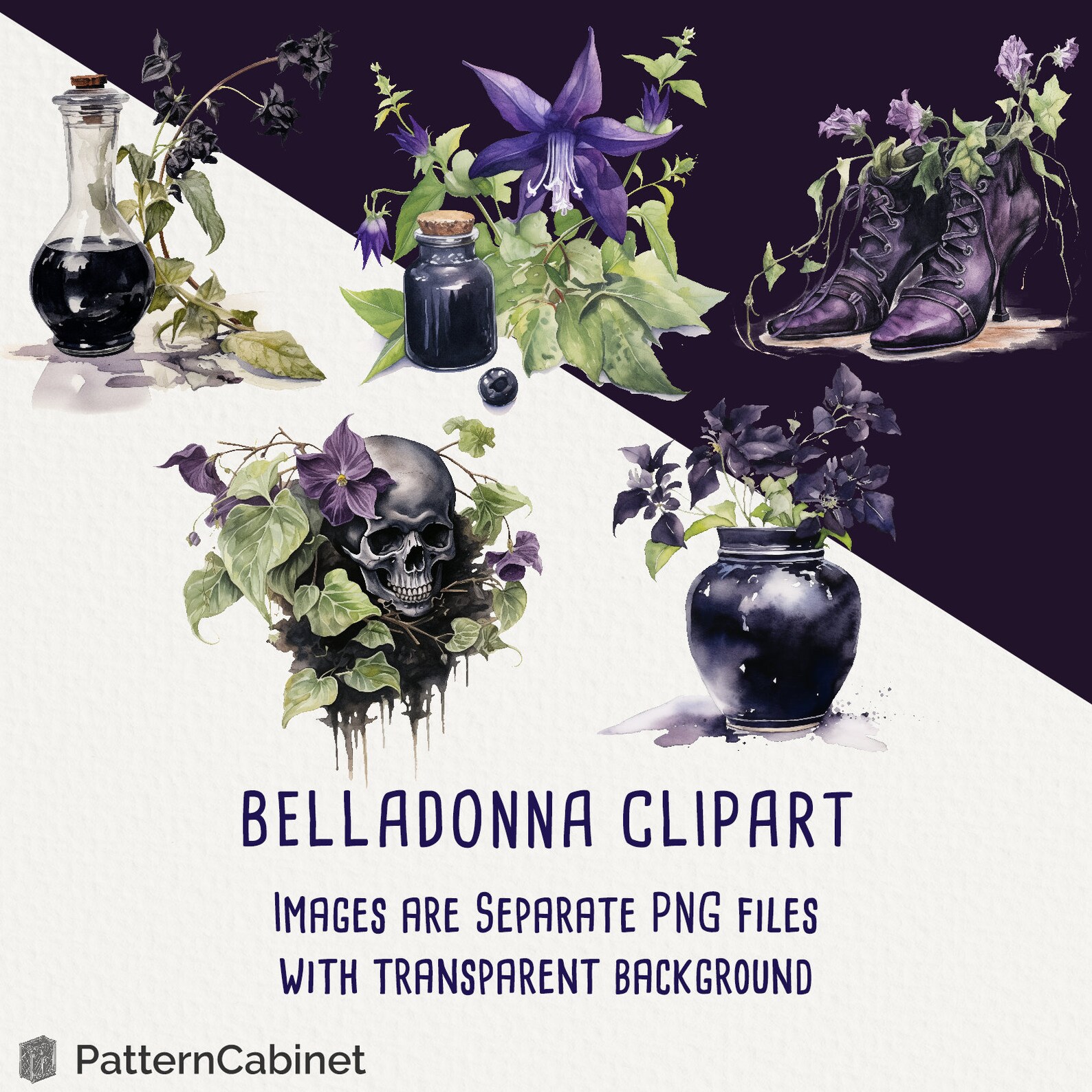23 Belladonna Clipart, Watercolor Deadly Nightshade Art for Commercial ...