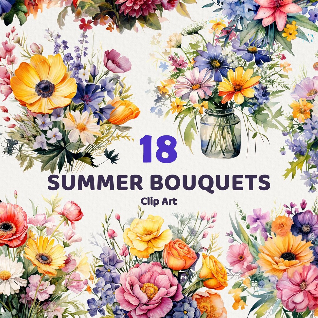 Watercolor Summer Bouquet Clipart, Floral Decoration for Commercial Use ...