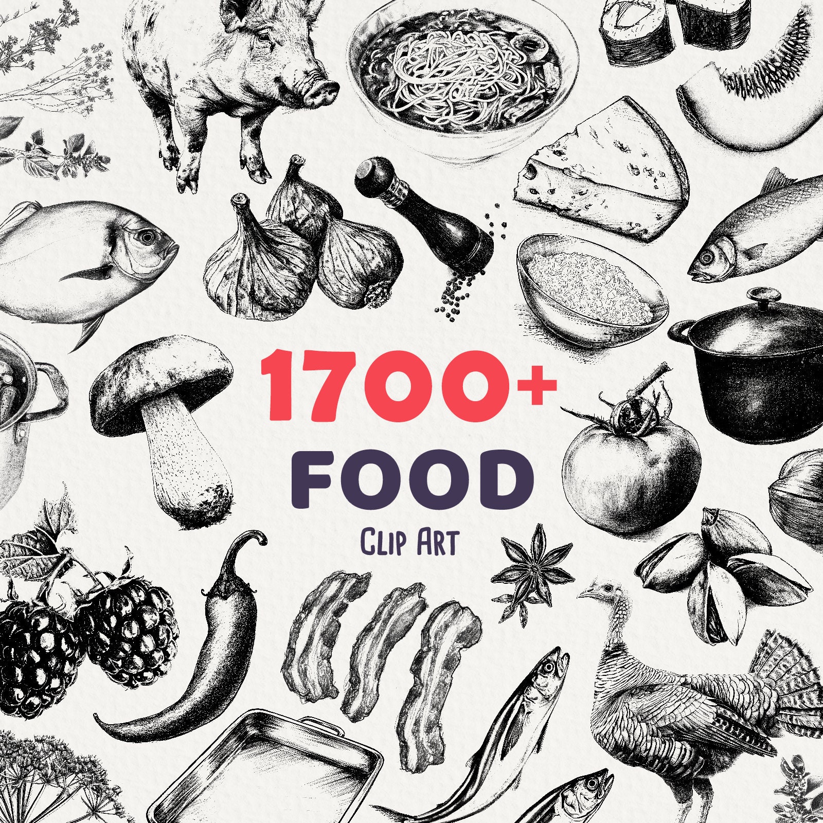 1700 Food Drawings Clipart, Food Graphics for Commercial Use, Cookbook ...
