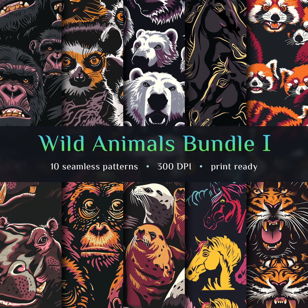 10 Wild Animals Seamless Patterns, Wildlife, Chimps, Hippos, Tigers ...