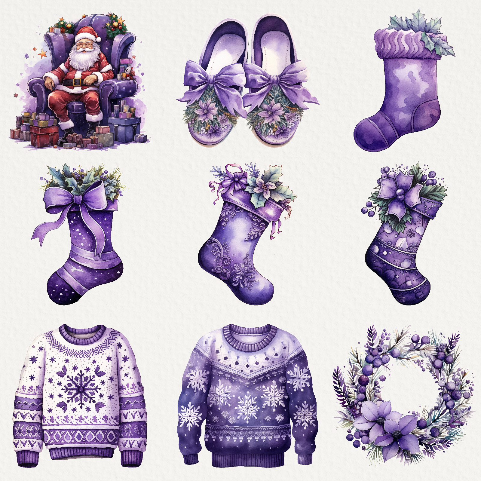 60 Purple Christmas Clipart, Watercolor Art for Commercial Use, Santa ...
