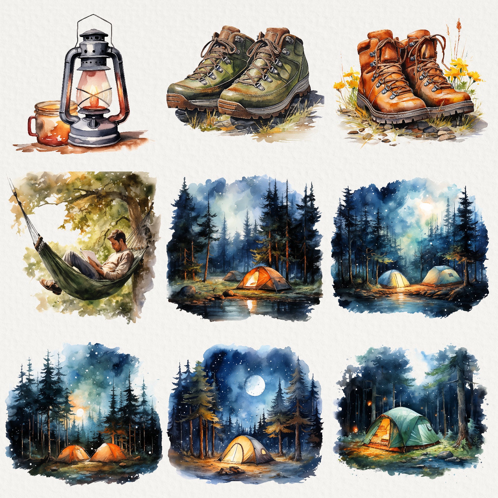 51 Watercolor Camping Clipart, Nature Camping Images for Commercial Use ...