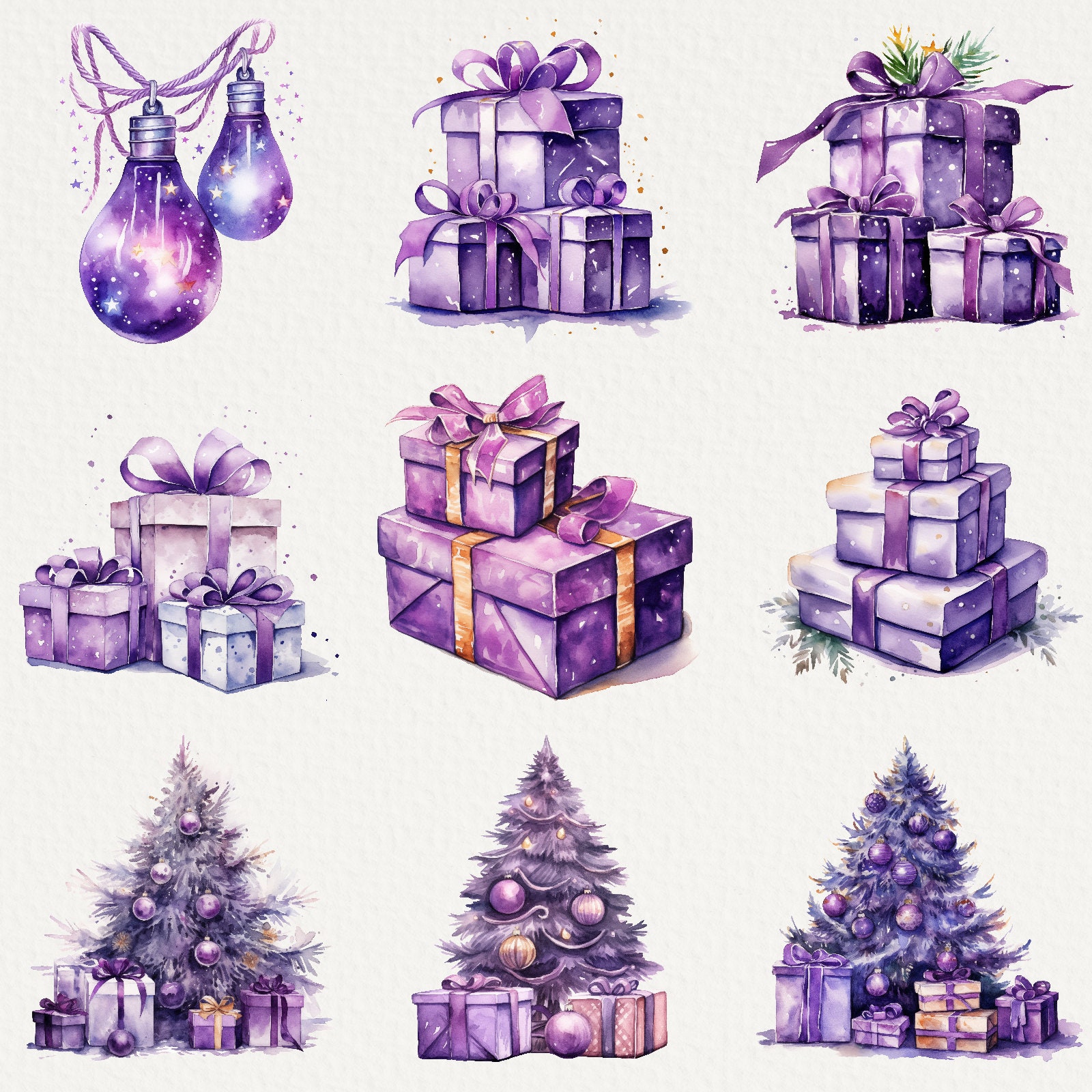 60 Purple Christmas Clipart, Watercolor Art for Commercial Use, Santa ...
