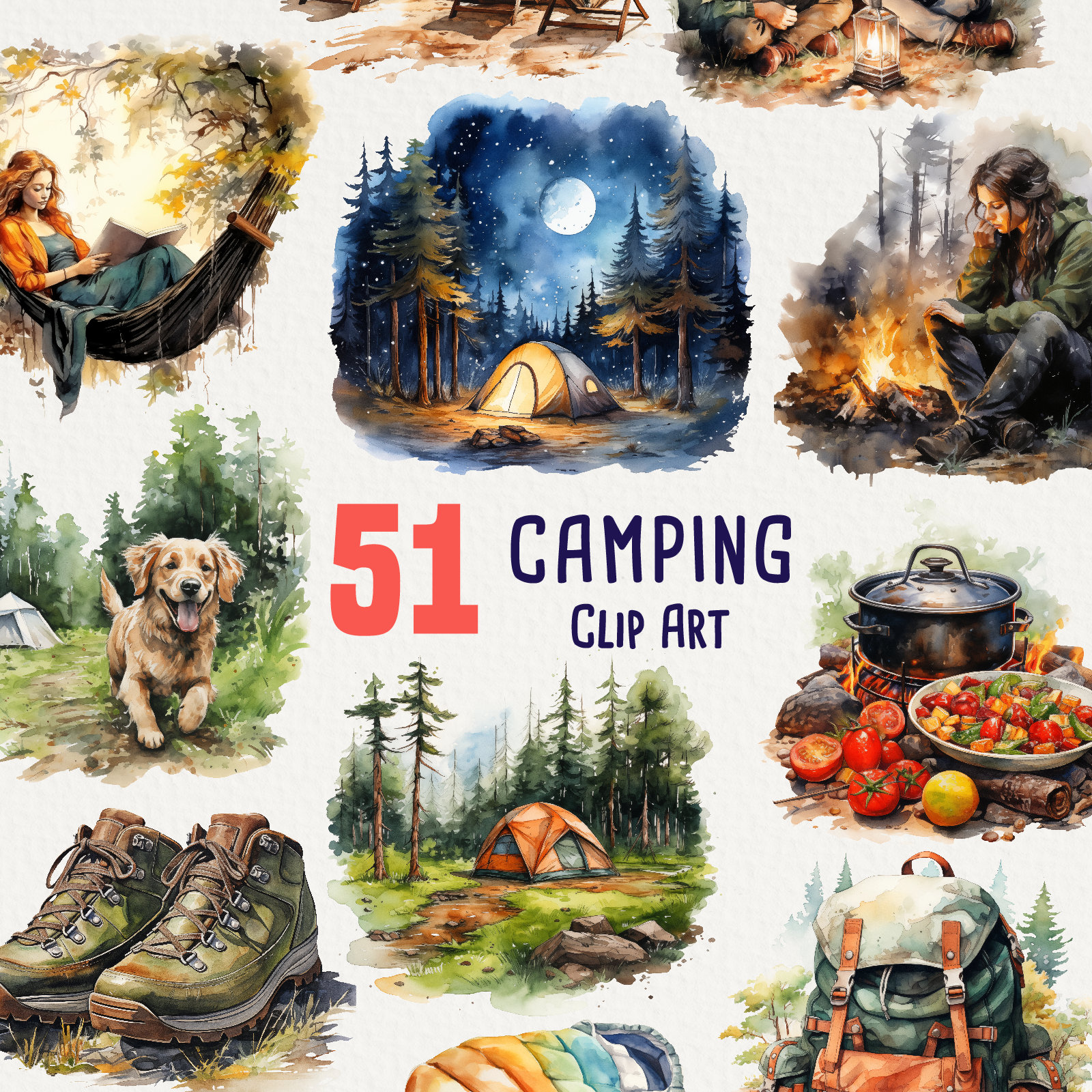 51 Watercolor Camping Clipart, Nature Camping Images for Commercial Use ...