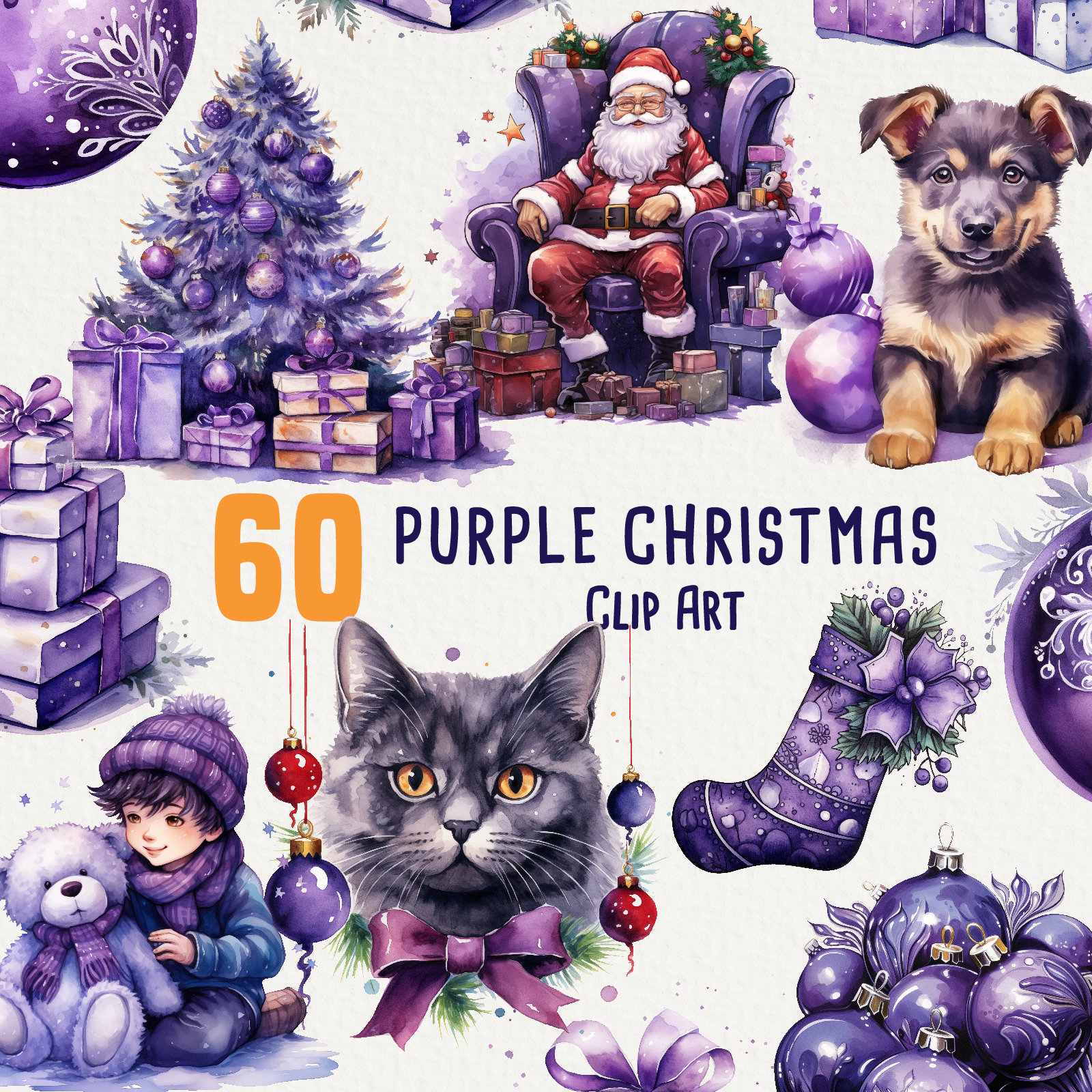 60 Purple Christmas Clipart, Watercolor Art for Commercial Use, Santa ...
