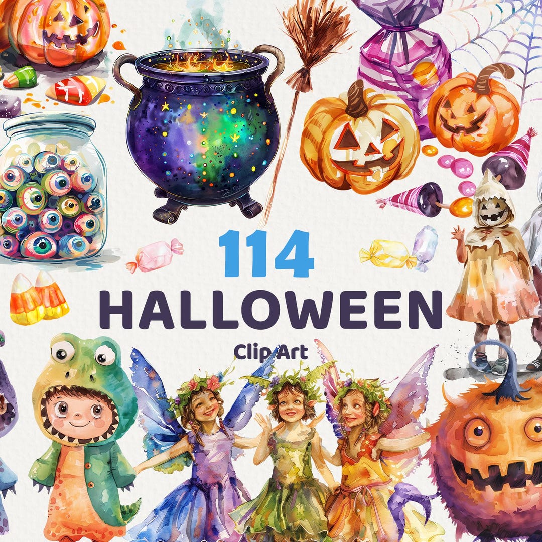 114 Halloween Clipart, Watercolor Halloween PNG Art for Commercial Use ...