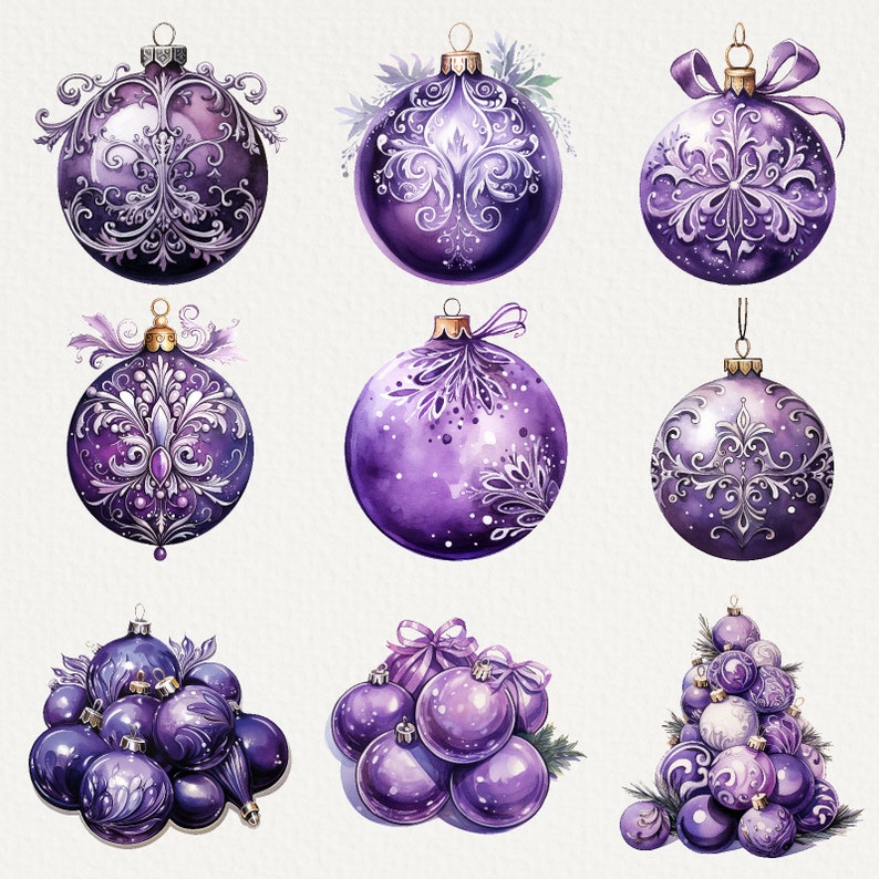 60 Purple Christmas Clipart, Watercolor Art for Commercial Use, Santa ...