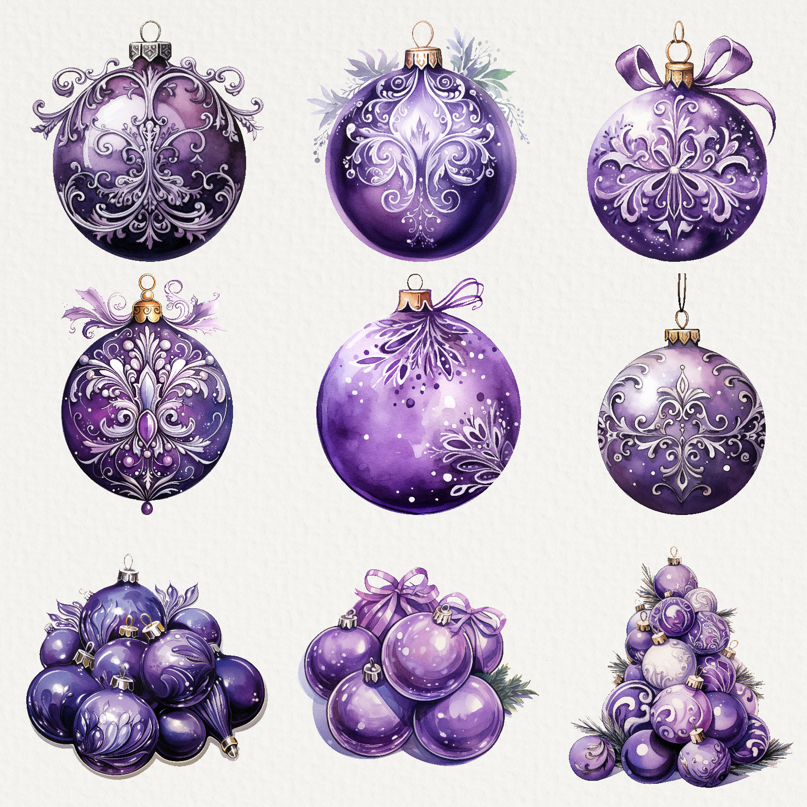 60 Purple Christmas Clipart, Watercolor Art for Commercial Use, Santa ...