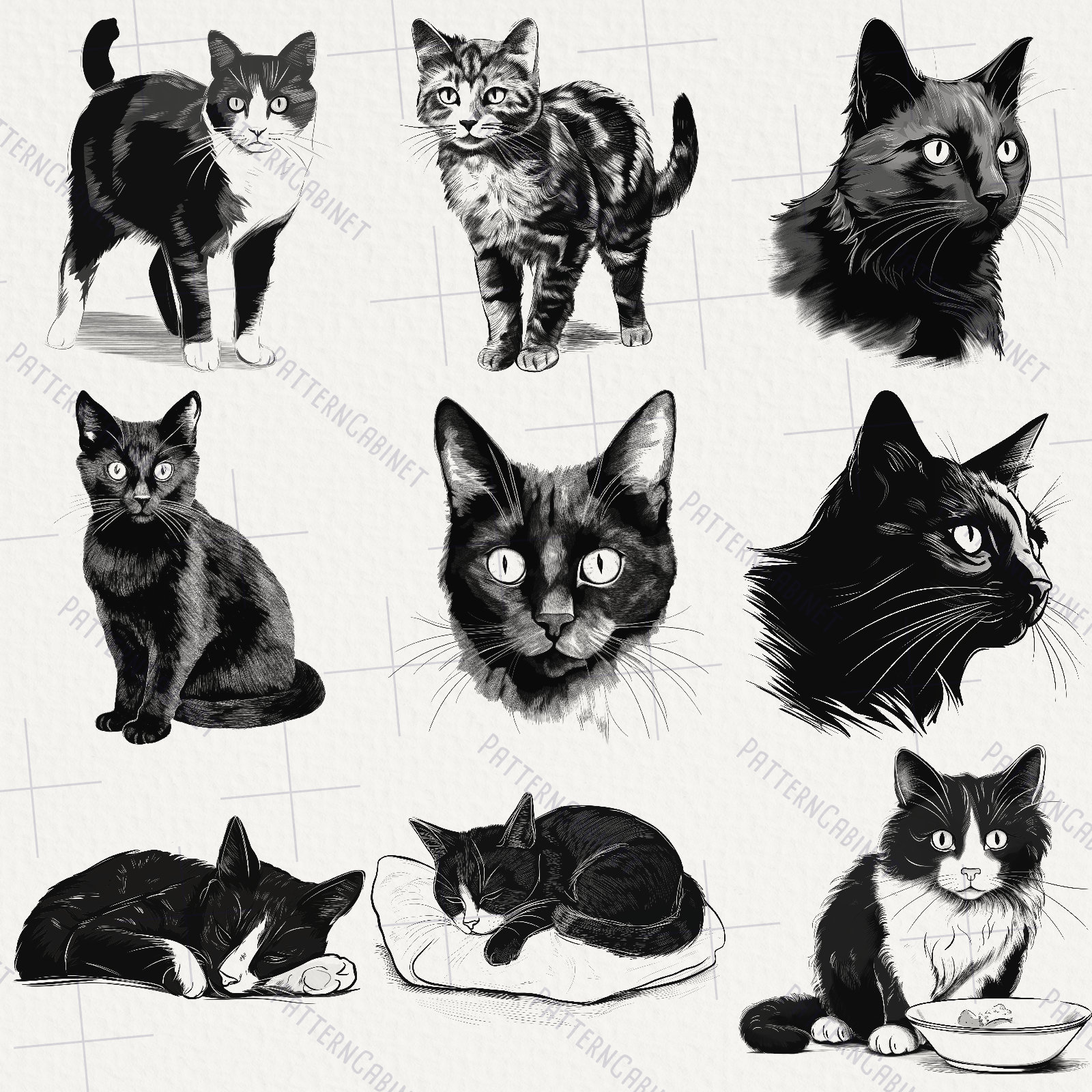 60 Cat Drawings Clipart, Pet Art for Commercial Use, Black Cats ...