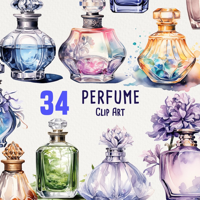 34 Perfume Bottles Clipart, Watercolor Art for Commercial Use, Cologne ...