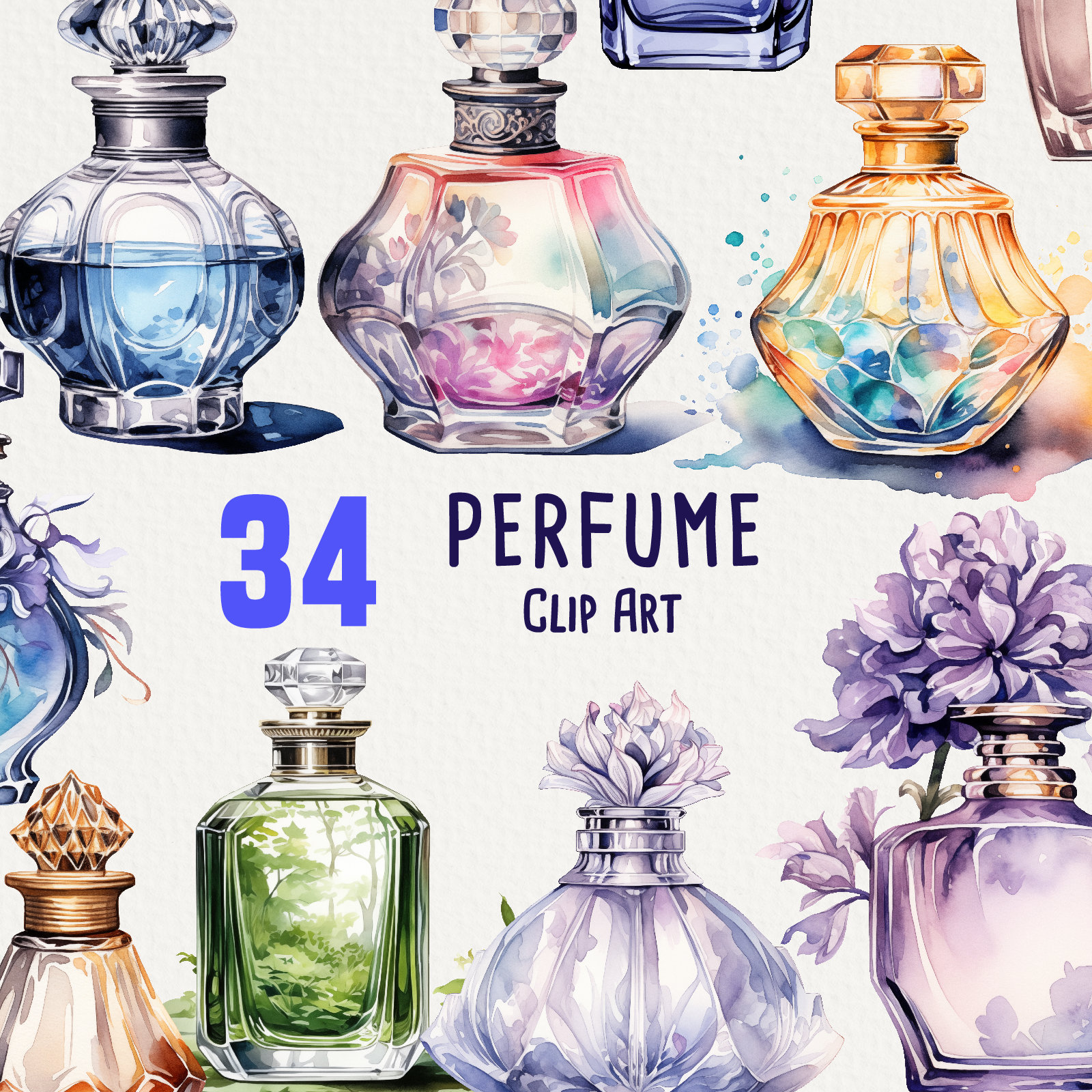 34 Perfume Bottles Clipart, Watercolor Art for Commercial Use, Cologne ...