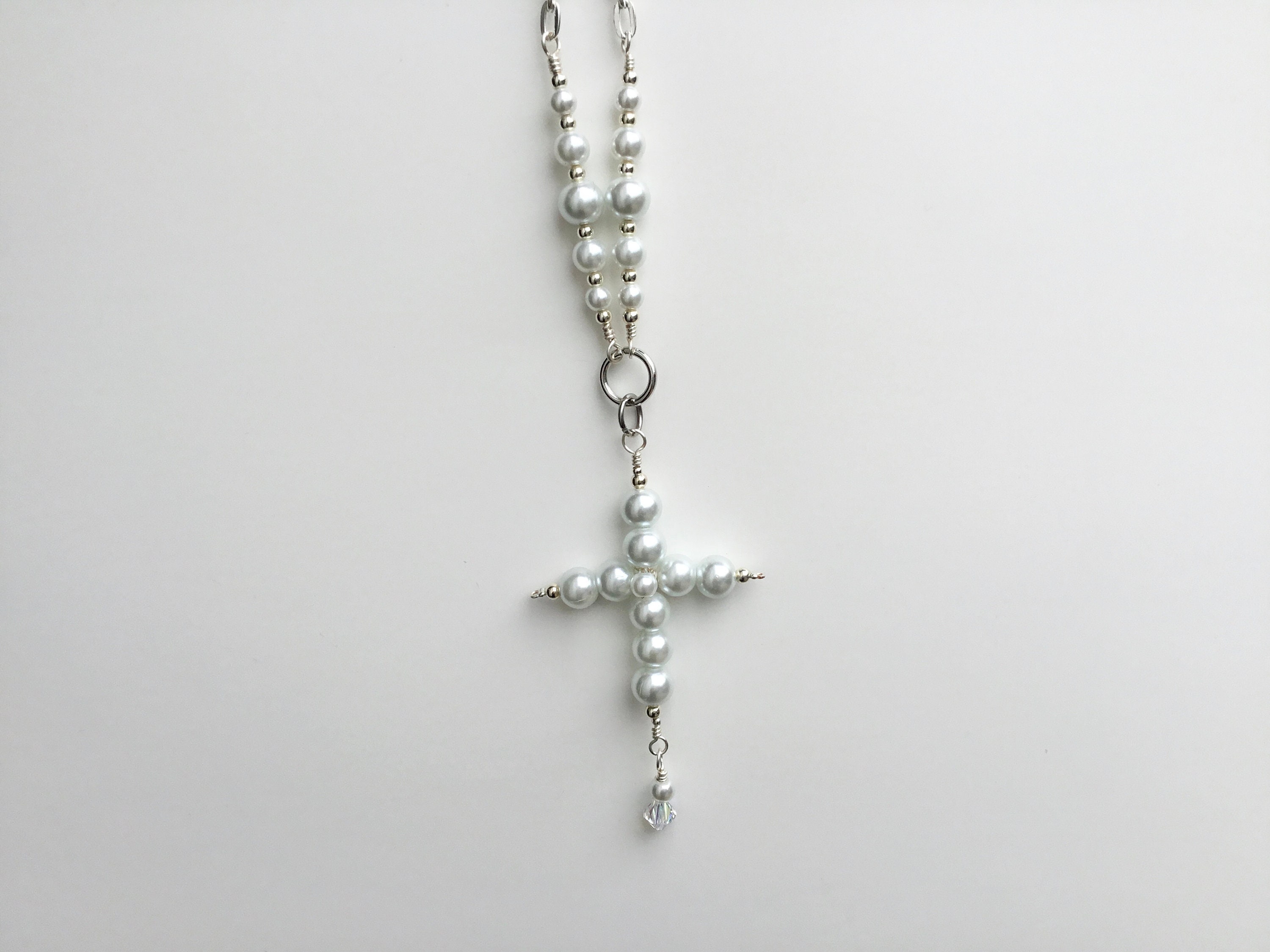 White Pearl Beaded Cross Rear View Mirror Charm With Swarovski Crystal ...