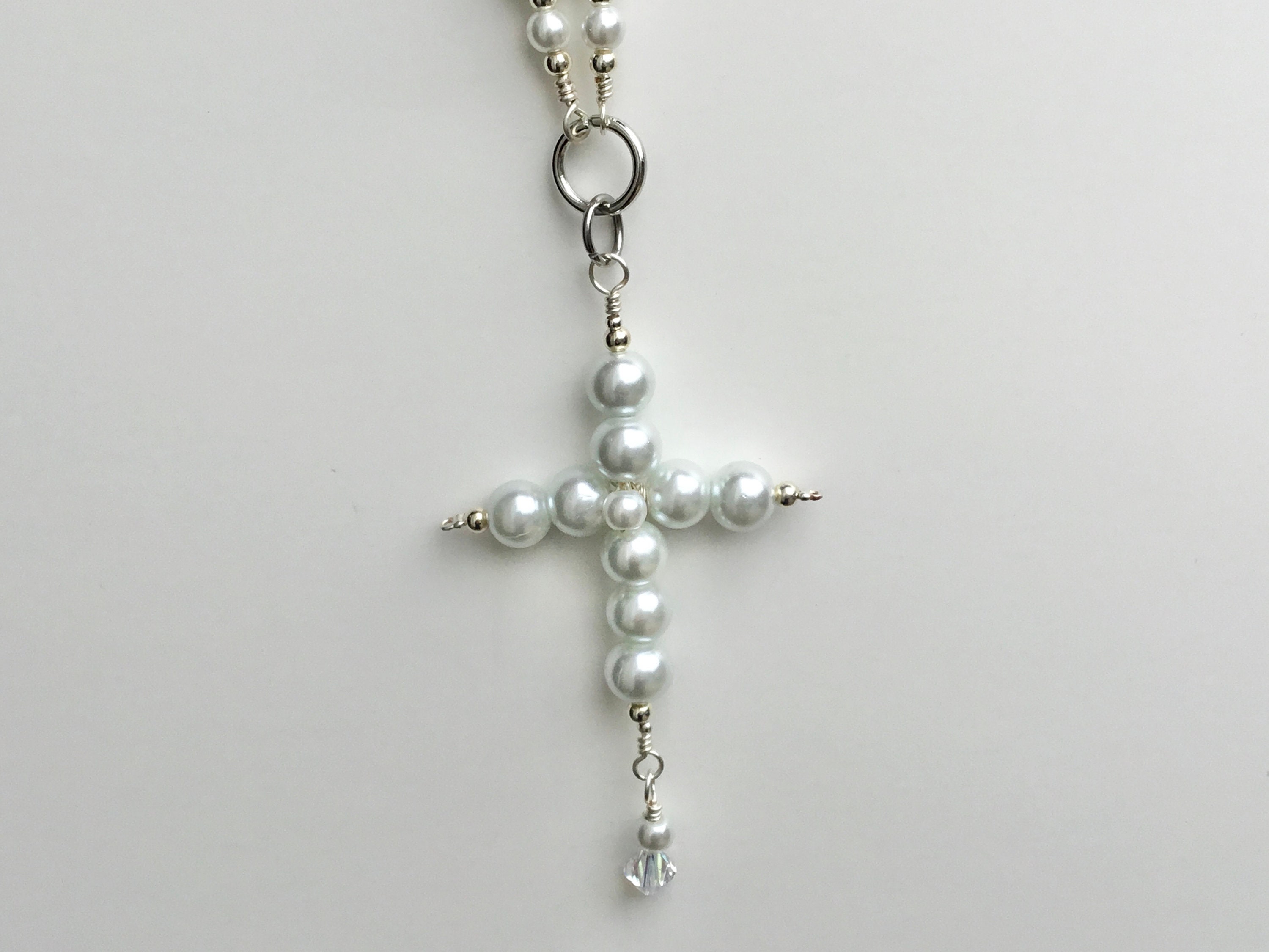 White Pearl Beaded Cross Rear View Mirror Charm With Swarovski Crystal ...