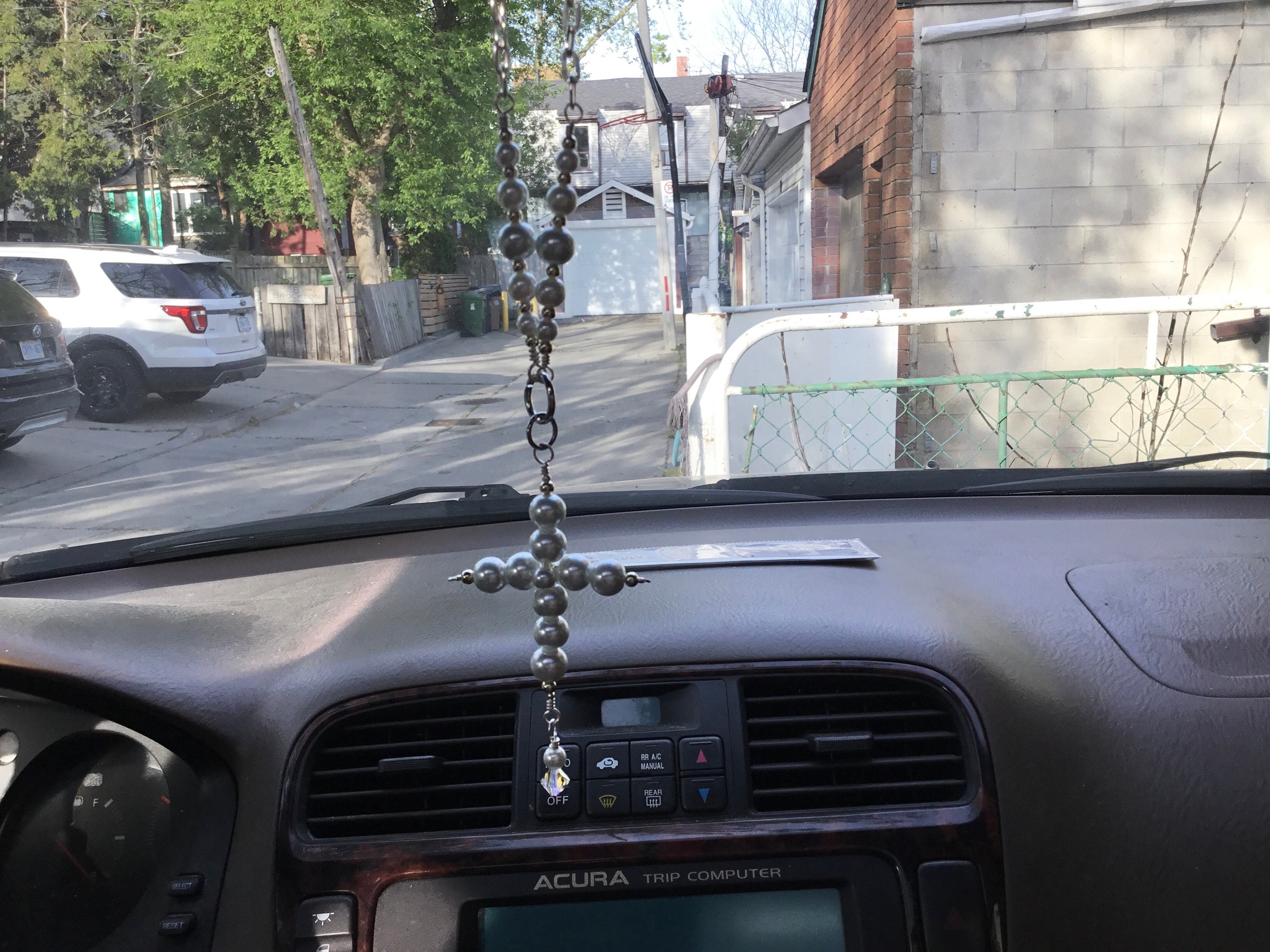 White Pearl Beaded Cross Rear View Mirror Charm With Swarovski Crystal ...