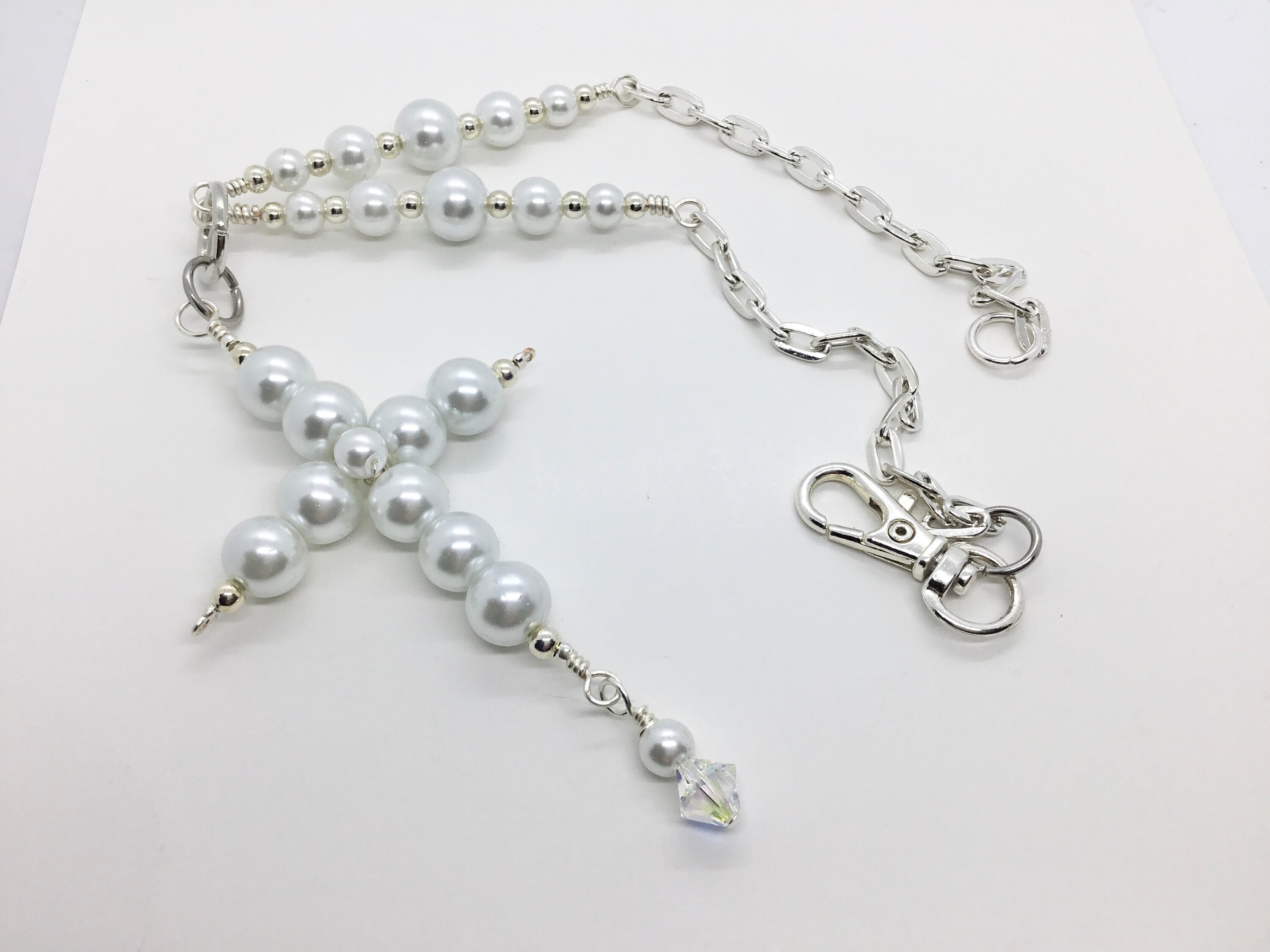 White Pearl Beaded Cross Rear View Mirror Charm With Swarovski Crystal ...