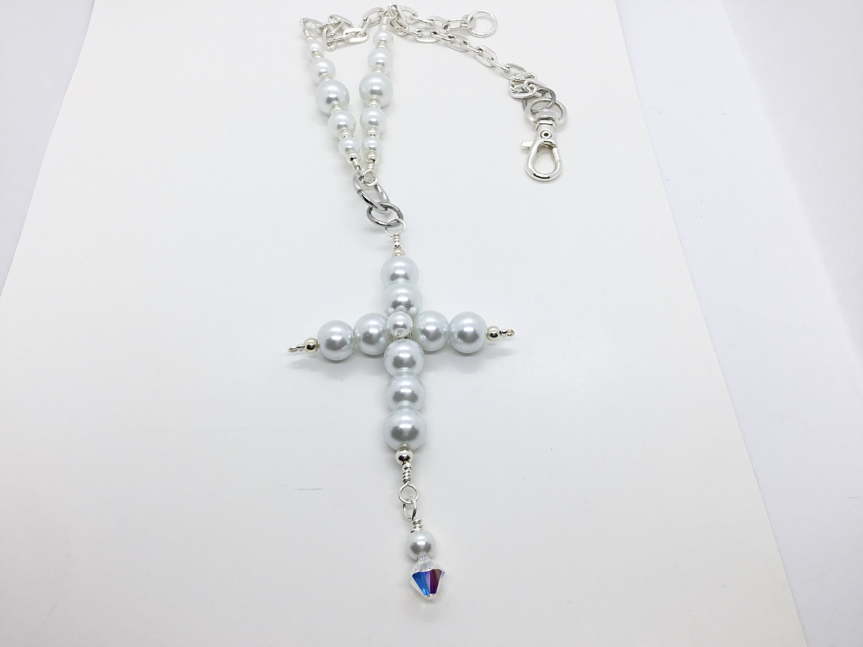 White Pearl Beaded Cross Rear View Mirror Charm With Swarovski Crystal ...