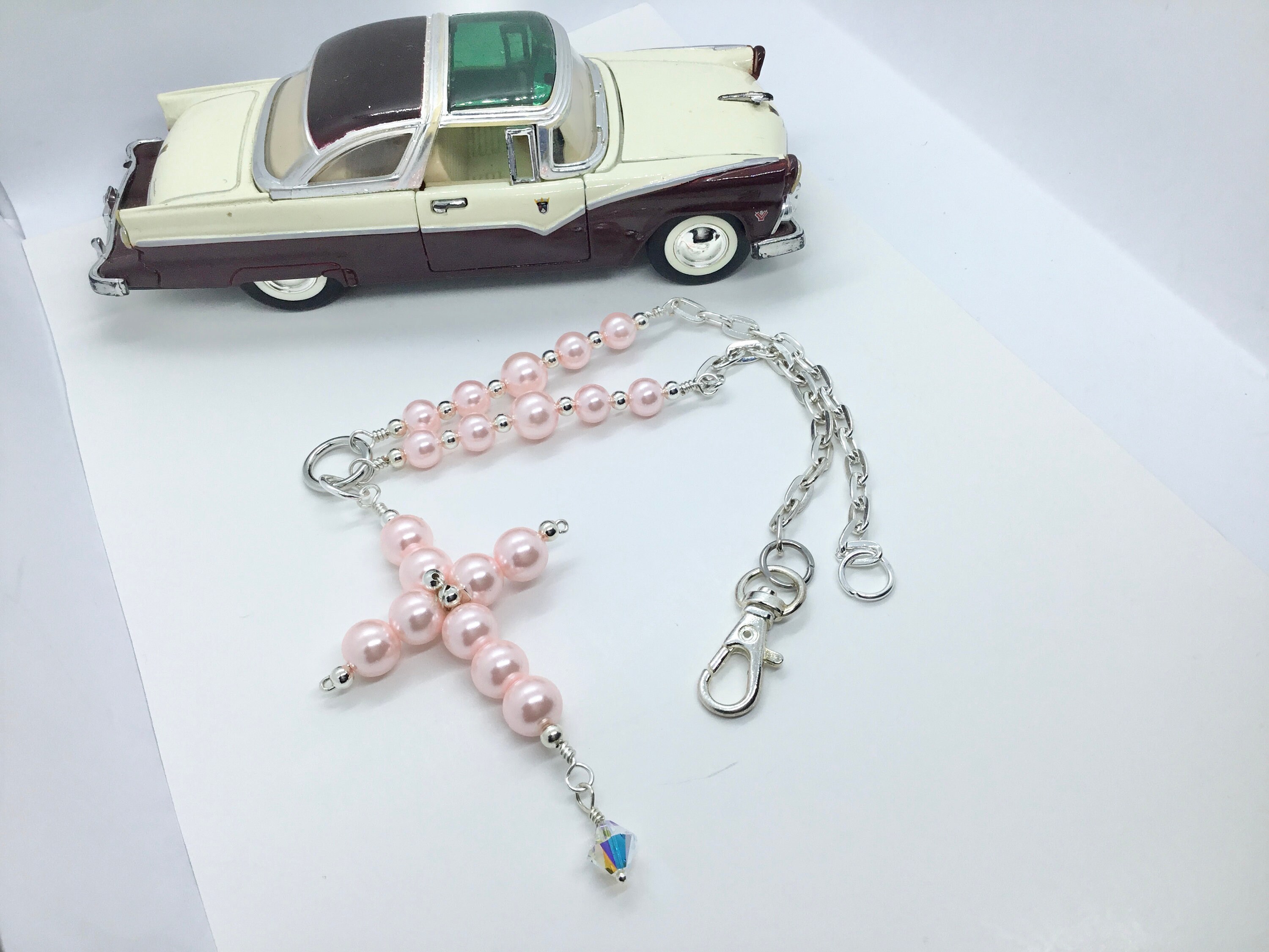 Pink Pearl Beaded Cross Car Rear View Mirror Charm With - Etsy