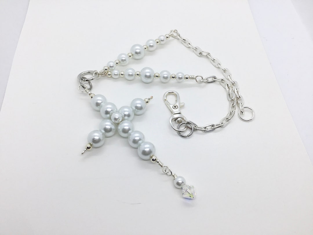 White Pearl Beaded Cross Rear View Mirror Charm With Swarovski Crystal ...
