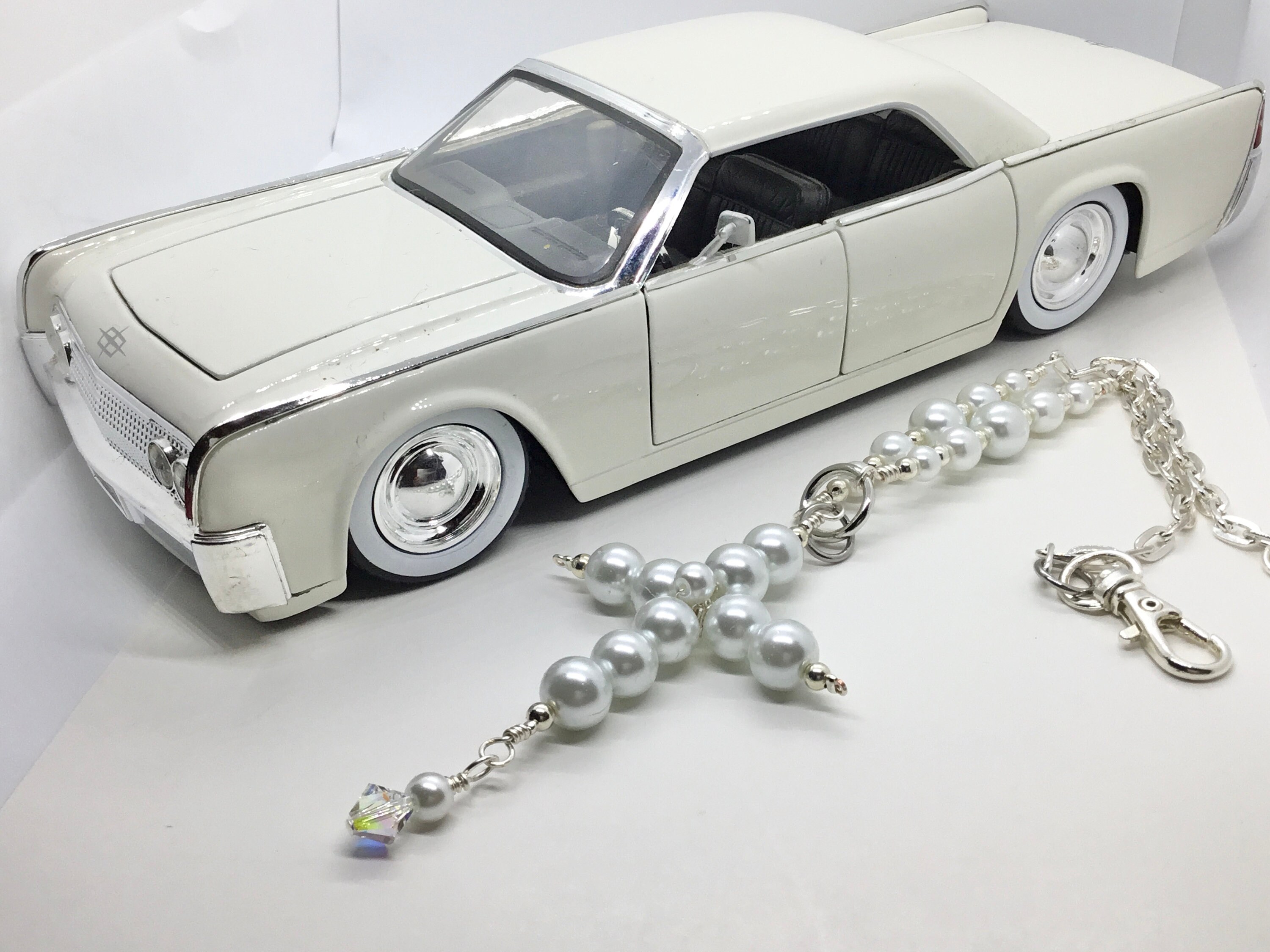 White Pearl Beaded Cross Rear View Mirror Charm With Swarovski Crystal ...