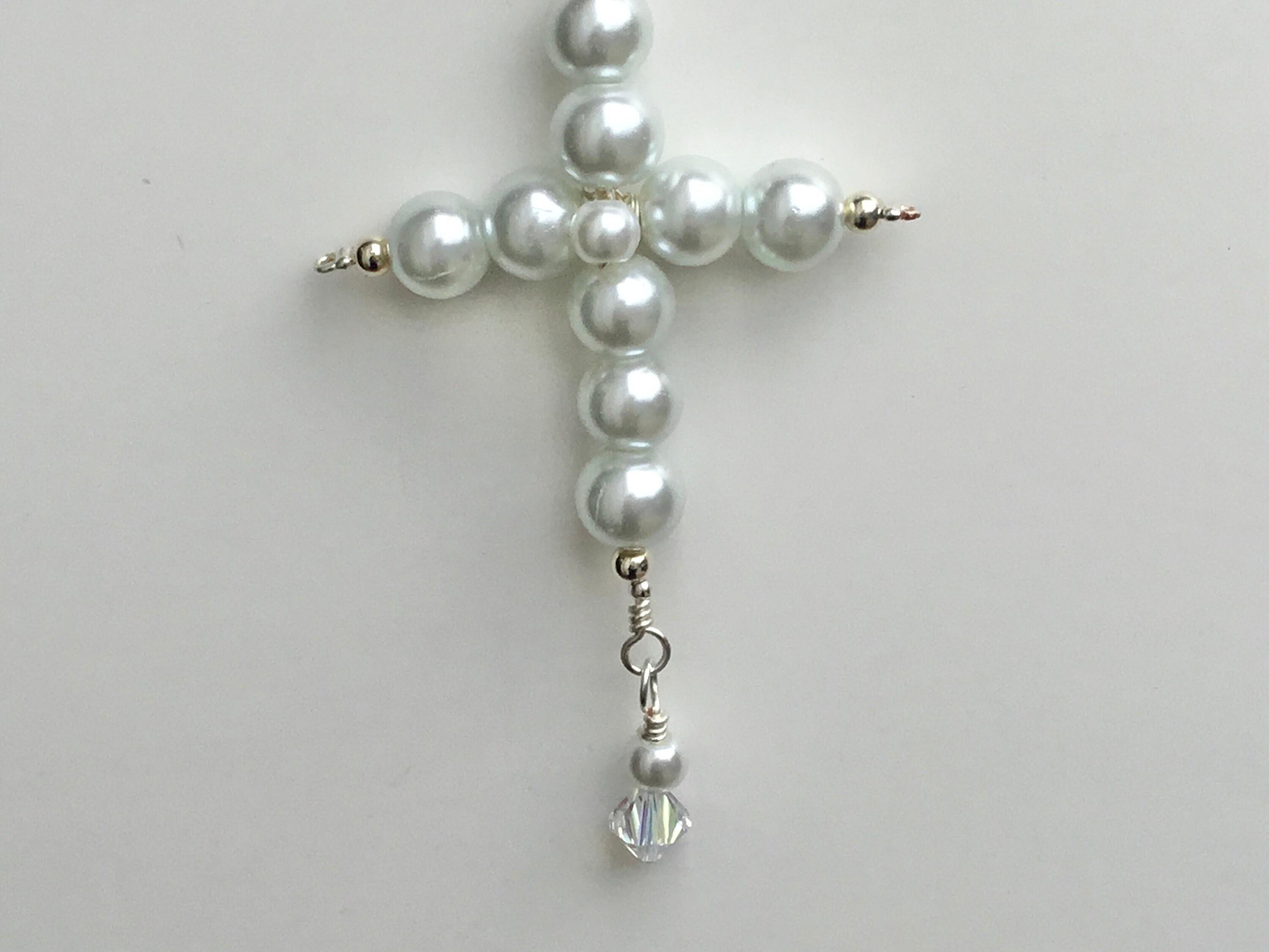 White Pearl Beaded Cross Rear View Mirror Charm With Swarovski Crystal ...