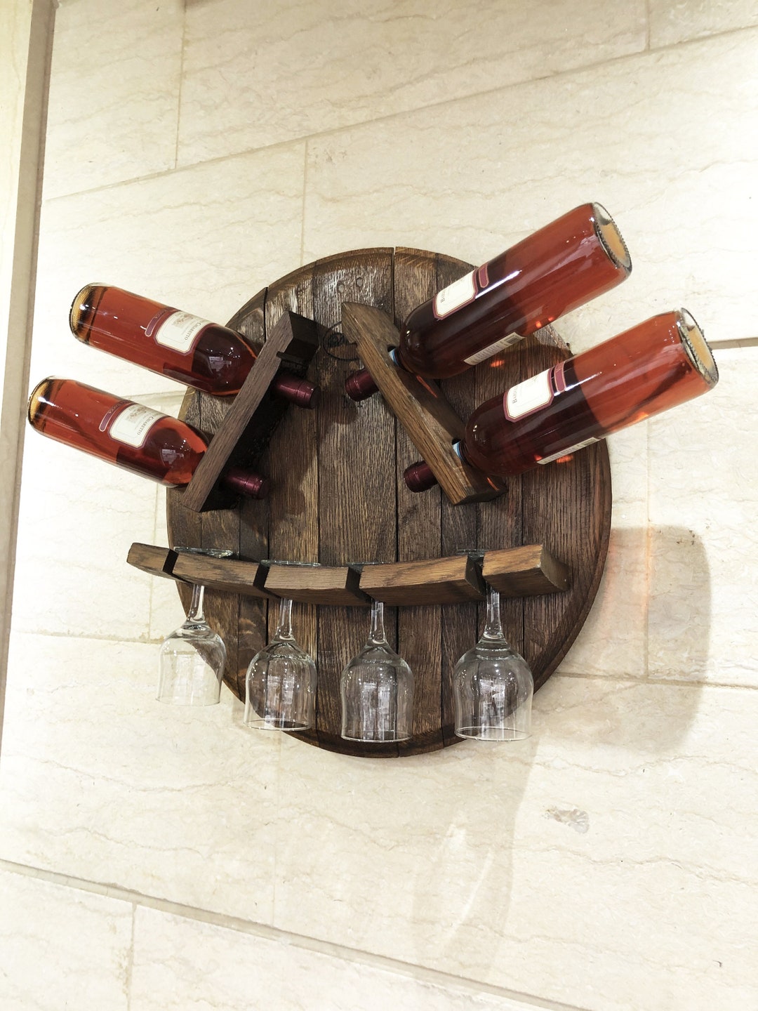 Rustic Wine & Whiskey Barrel Rack Wall Mount: Oak Barrel Head Bottle ...