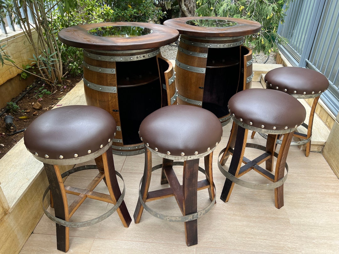 Reclaimed Oak Wine & Whiskey Barrel Pub Table Set With Optional Stools ...