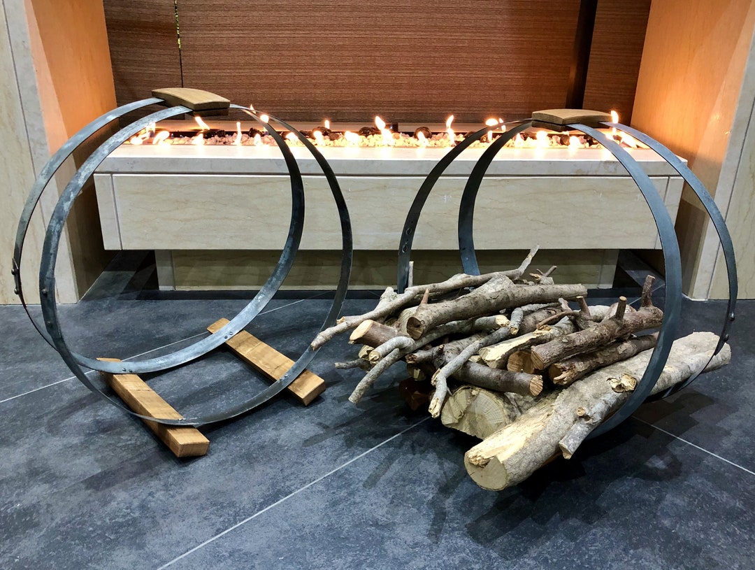 Wine & Whiskey Barrel Hoop Wood Basket 2 Pack: Rustic Oak Firewood ...