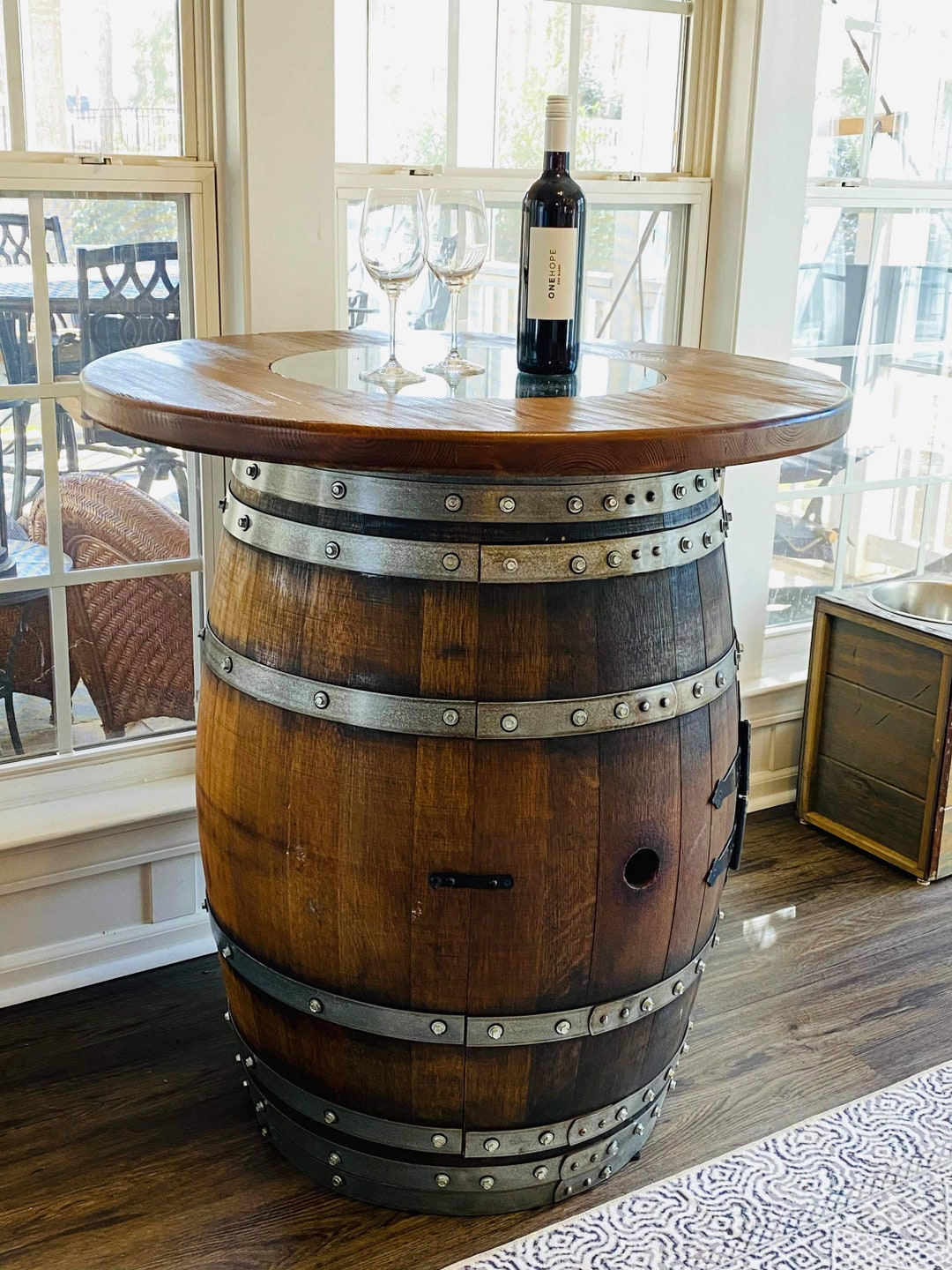 Whiskey Barrel Table Top With Glass Center, Wine Barrel Top, Bourbon ...