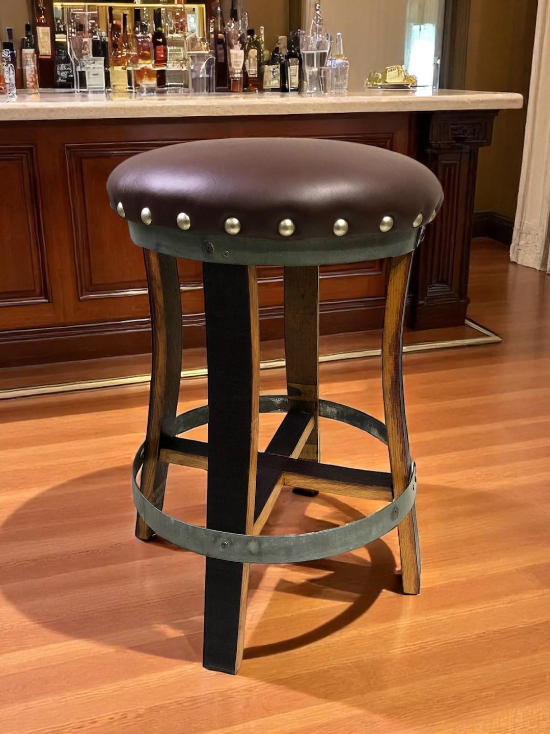 Handmade Oak Wine & Whiskey Barrel Bar Stool: Memory Foam Pub Chair ...