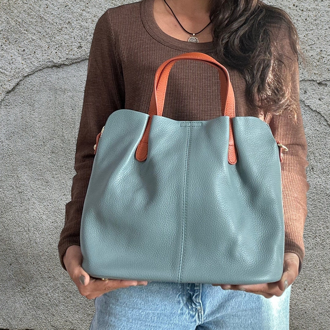 Leather Crossbody Bag/ Gray Leather Handbag/ Blue Leather Crossbody ...