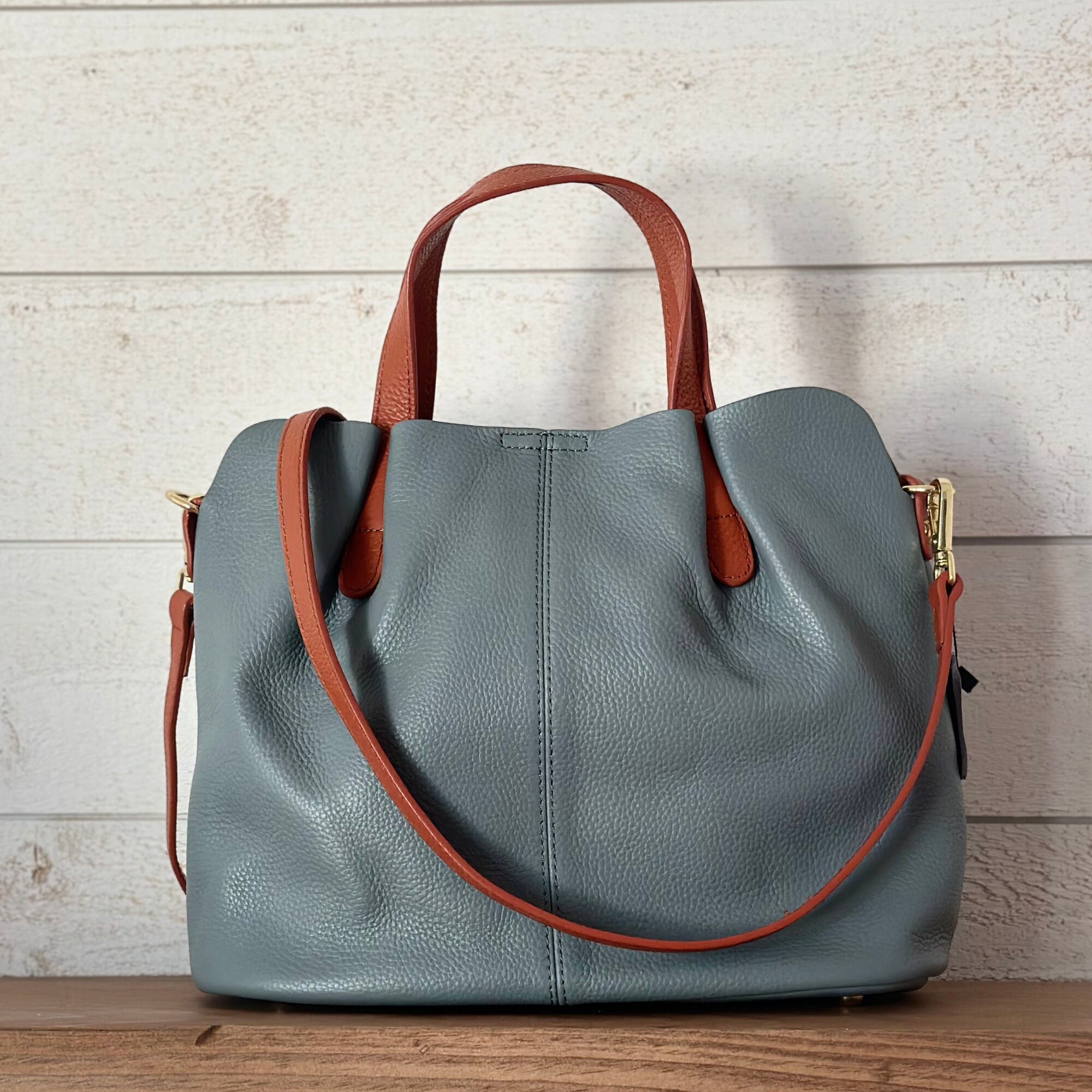 Leather Crossbody Bag/ Gray Leather Handbag/ Blue Leather Crossbody ...