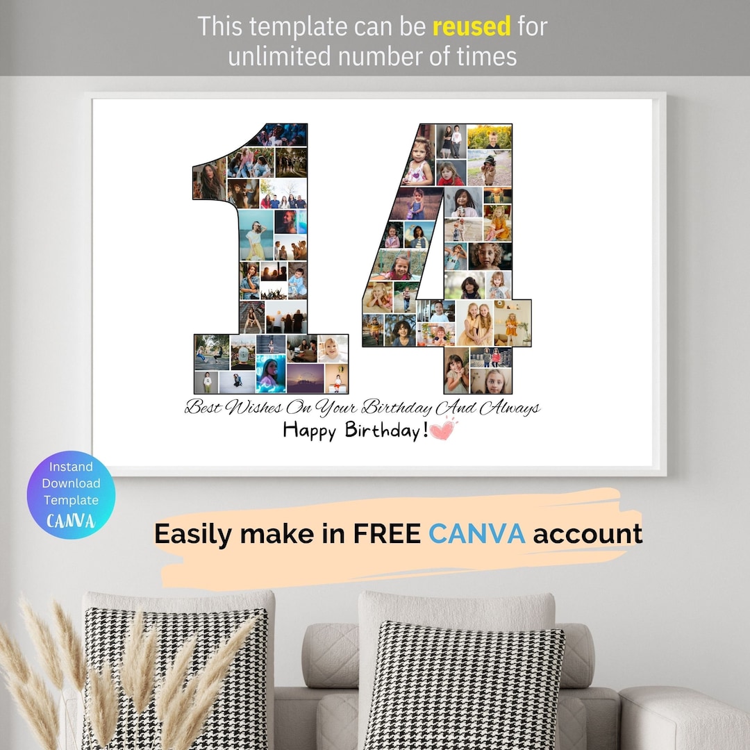 14th Birthday Photo Collage, Personalized 14th Picture Collage Template ...