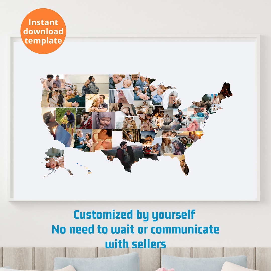 Custom USA Map Photo Collage Editable Template Personalized 50 States ...