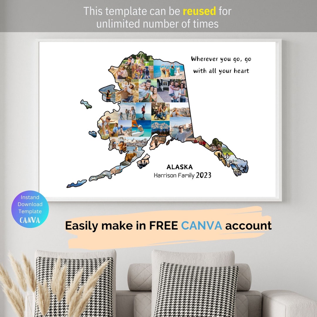 Custom Alaska Map Photo Collage Template Personalized Travel Map With ...