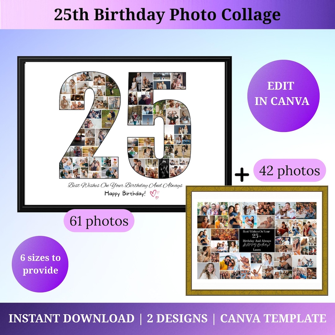 Custom 25th Birthday Photo Collage Template Personalized 25th Birthday ...