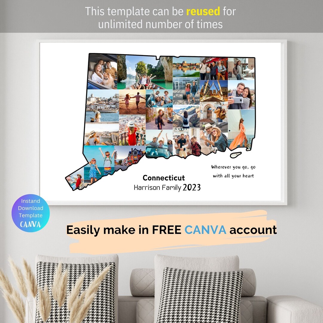Custom Connecticut Map Photo Collage Template Personalized Travel Map ...