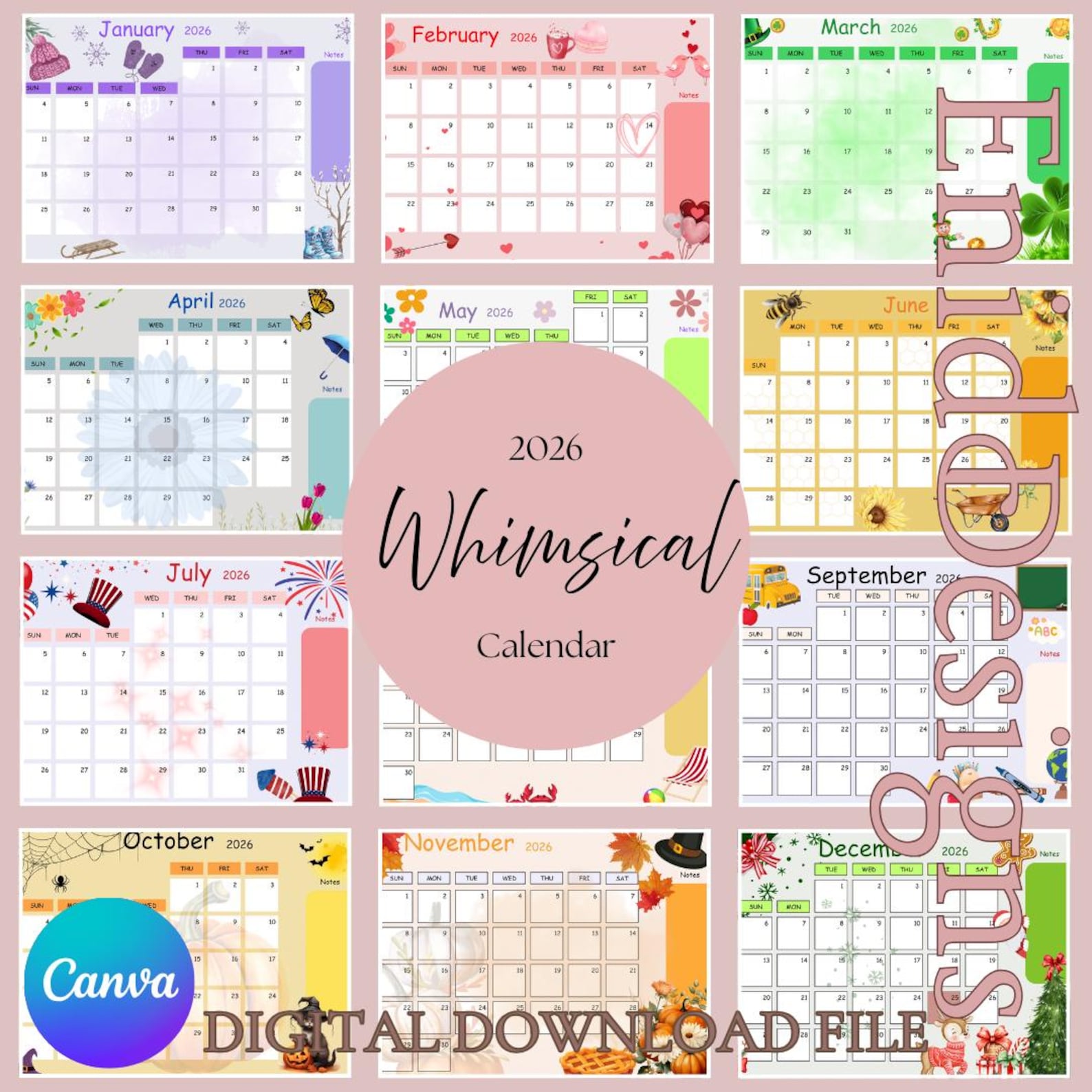 Whimsical 2026 Monthly Calendar | Printable & Editable Digital Download ...