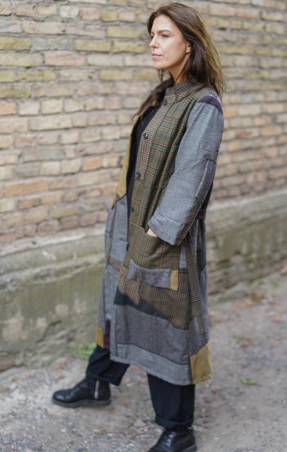 Women Wool Coat / Belted Coat / Handmade Patchwork Midi Coat / Bohemian ...