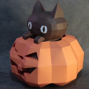 Pumpkin and Cat Papercraft Halloween DIY Pepakura Origami Template Low ...