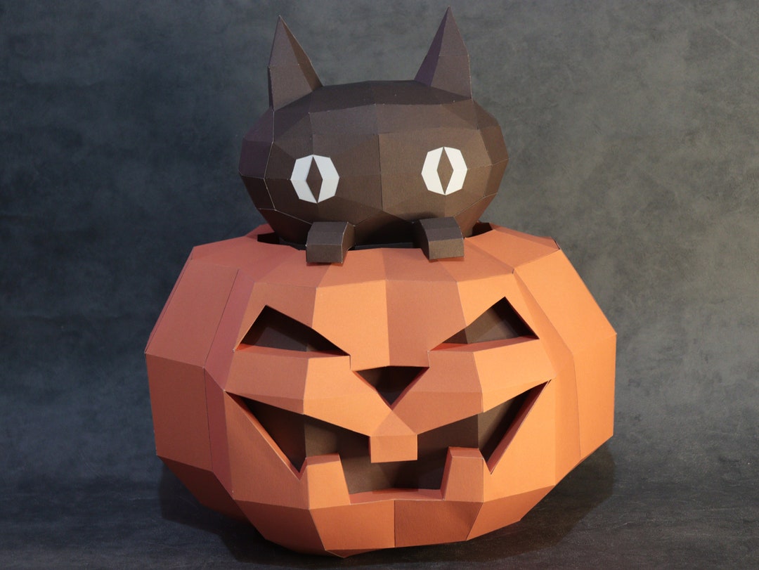 Pumpkin and Cat Papercraft Halloween DIY Pepakura Origami Template Low ...
