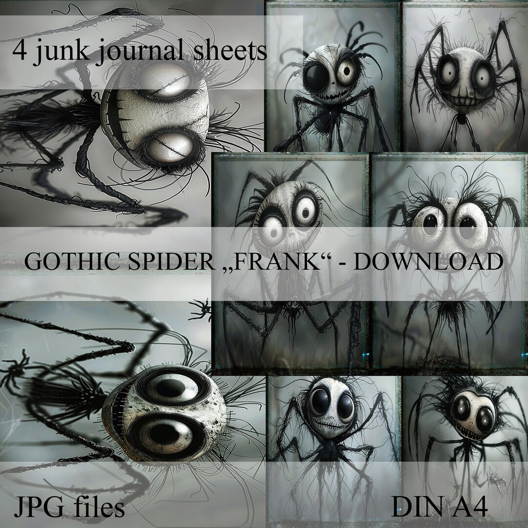Bundle 4 Sheet Tim Burton Style Spider frank, Collage, Junk Journal ...