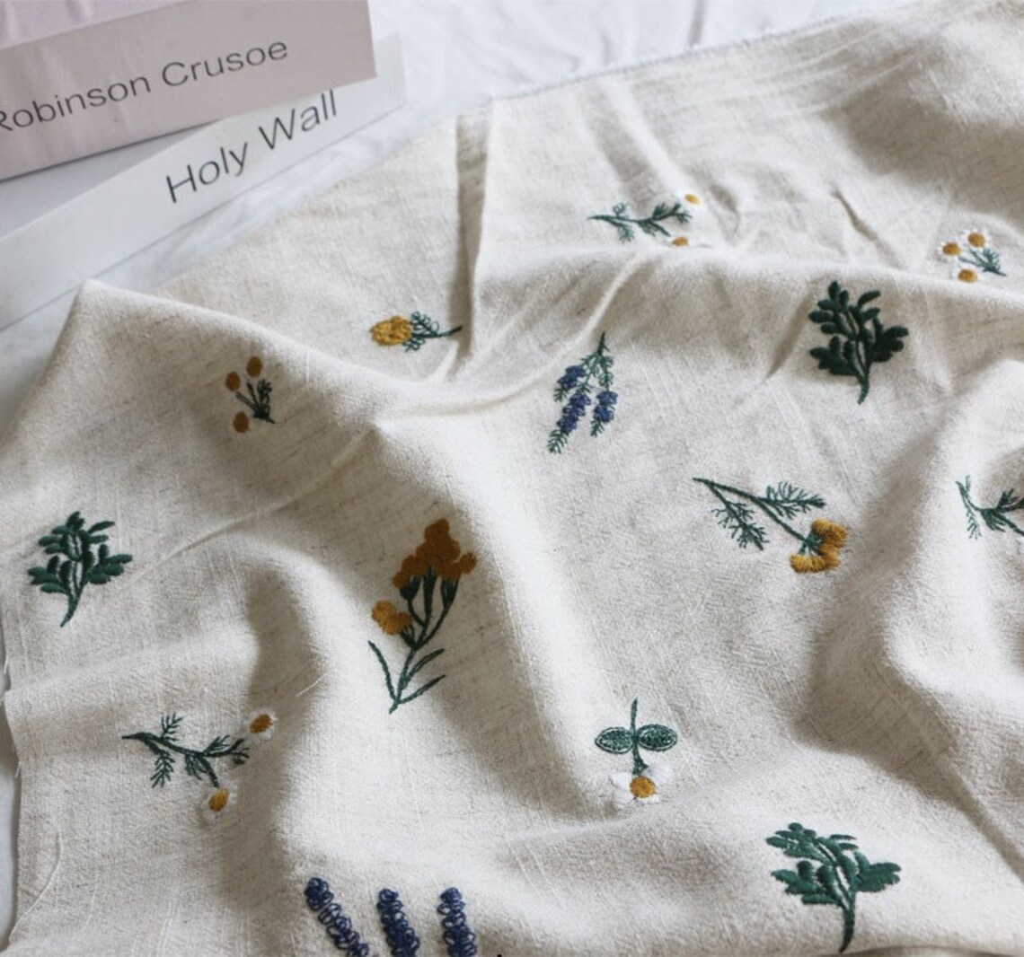 Flower Embroidery Cotton Linen Fabric cotton Linen | Etsy