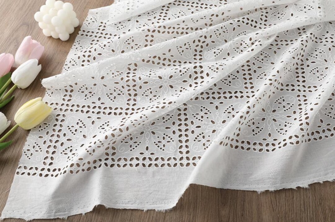 Cotton Eyelet Borders Fabric, Embroidery Cotton Fabric, Hollowed Border Lace Fabric by the Yard ...