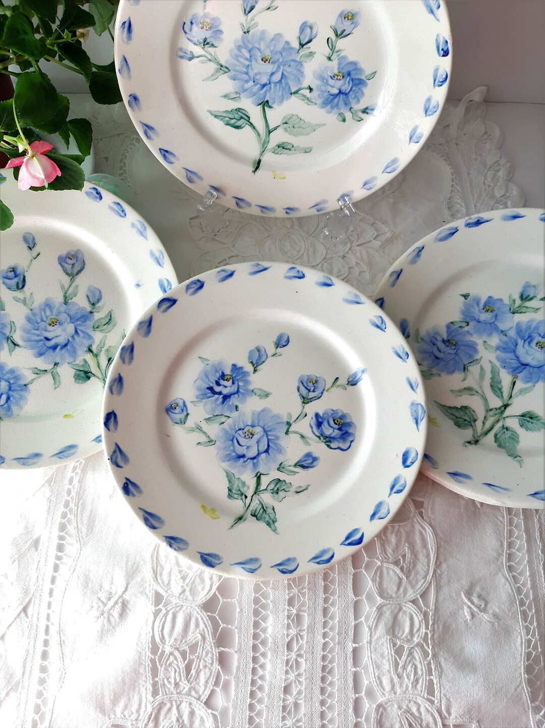 Hand Painted Plate Bouquet of Roses Cobalt Blue Porcelain Unique Floral ...