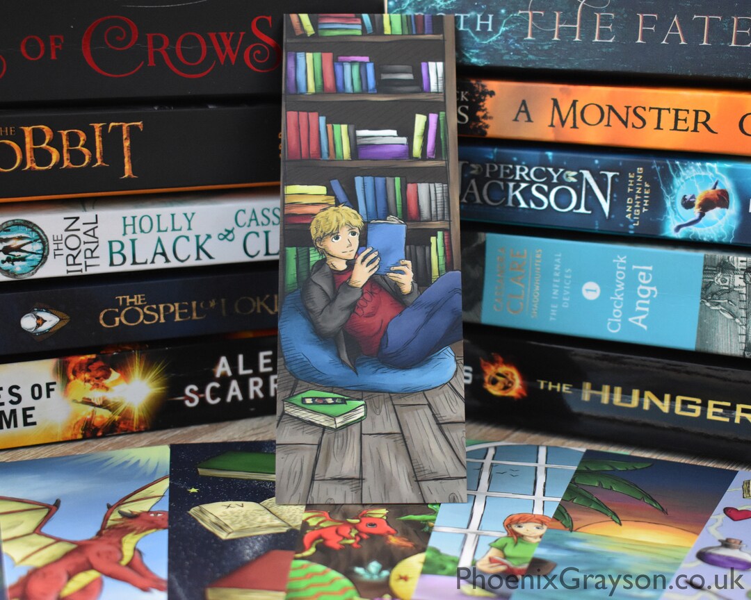 Illustrated Bookmark Reading Bookshelf Boy Books - Etsy