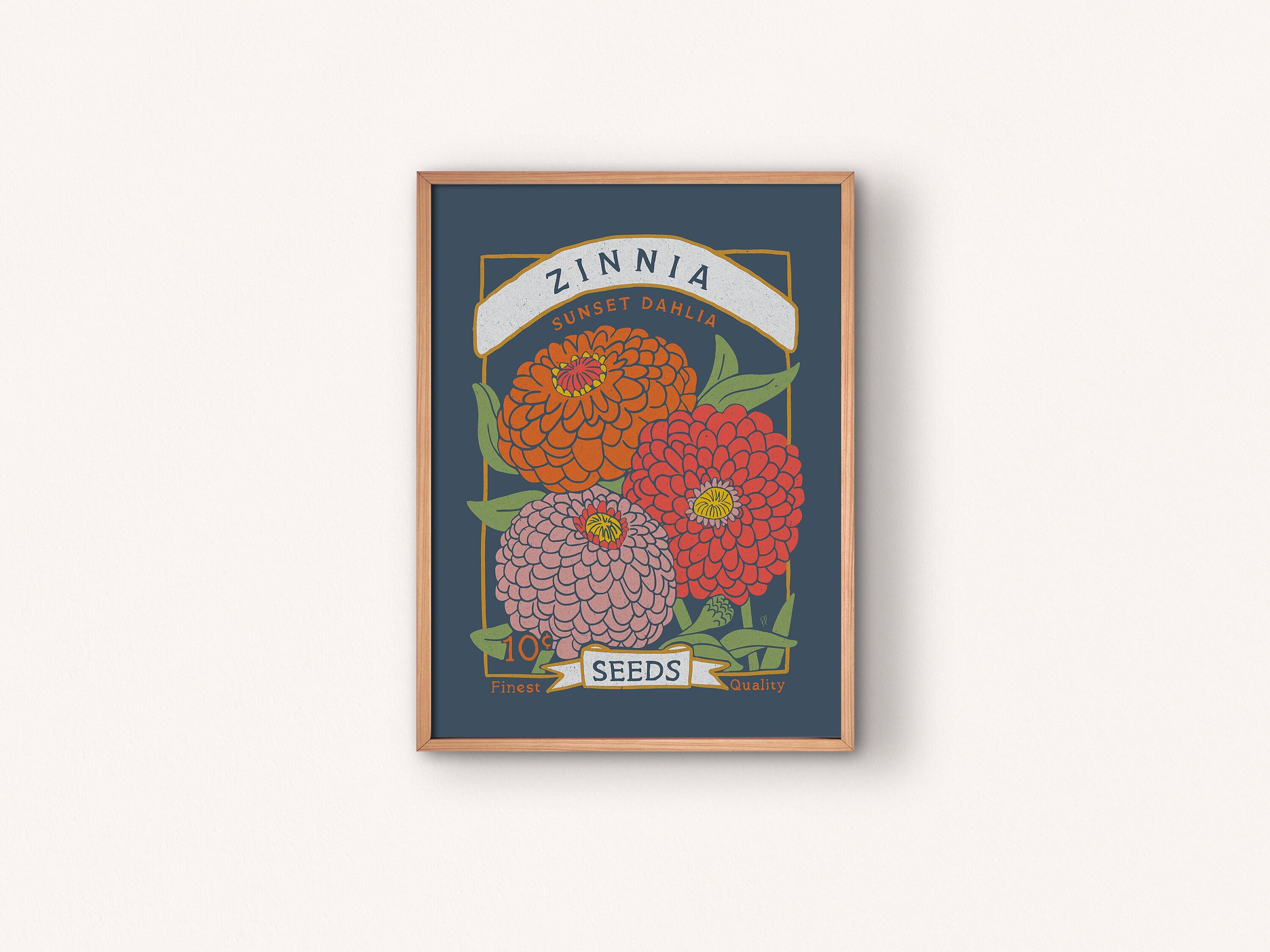 Zinnia Flowers Seed Packet Art Print Poster in dusty Navy - Etsy