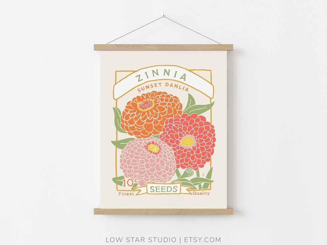 Zinnia Seed Packet Art Print : Vintage Style Floral Poster - Etsy