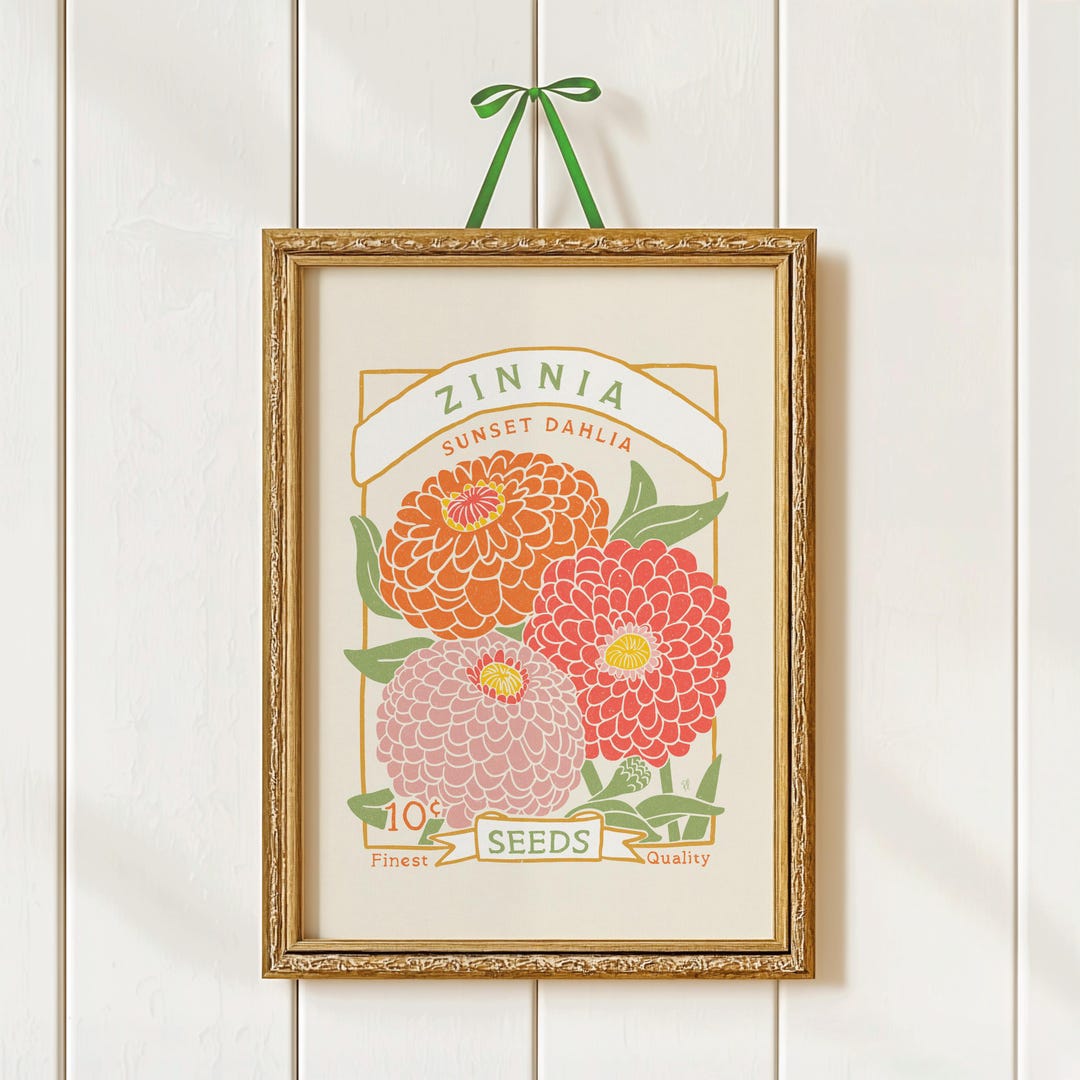 Zinnia Flower Wall Art Print - Vintage Botanical Illustration ...