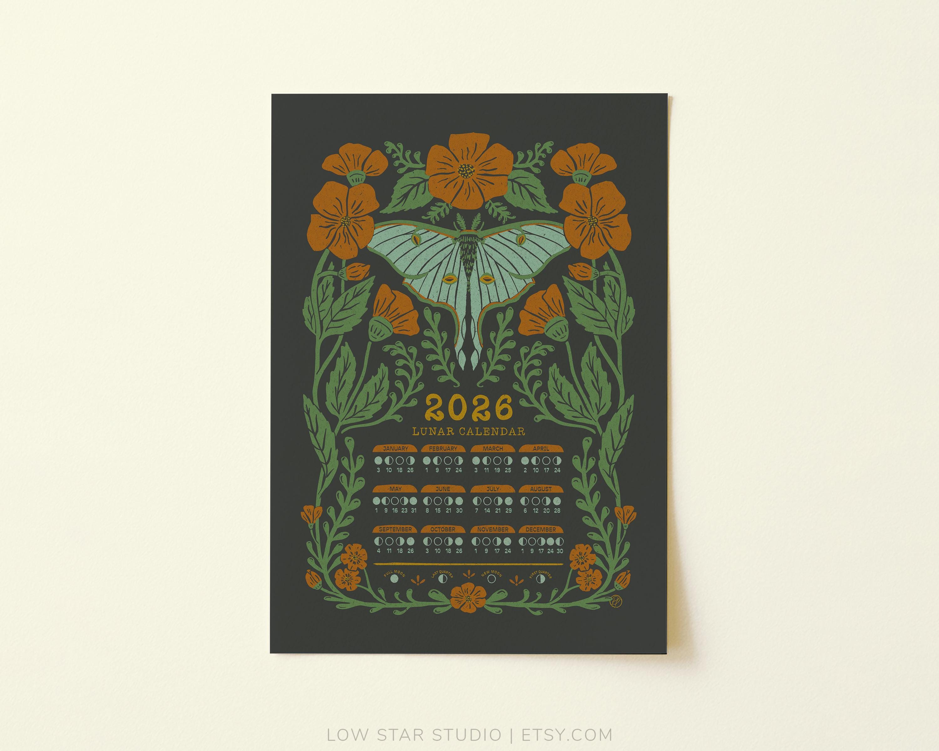 Luna Moth 2026 Lunar Calendar • Vintage Botanical Moon Phase Art • Boho ...