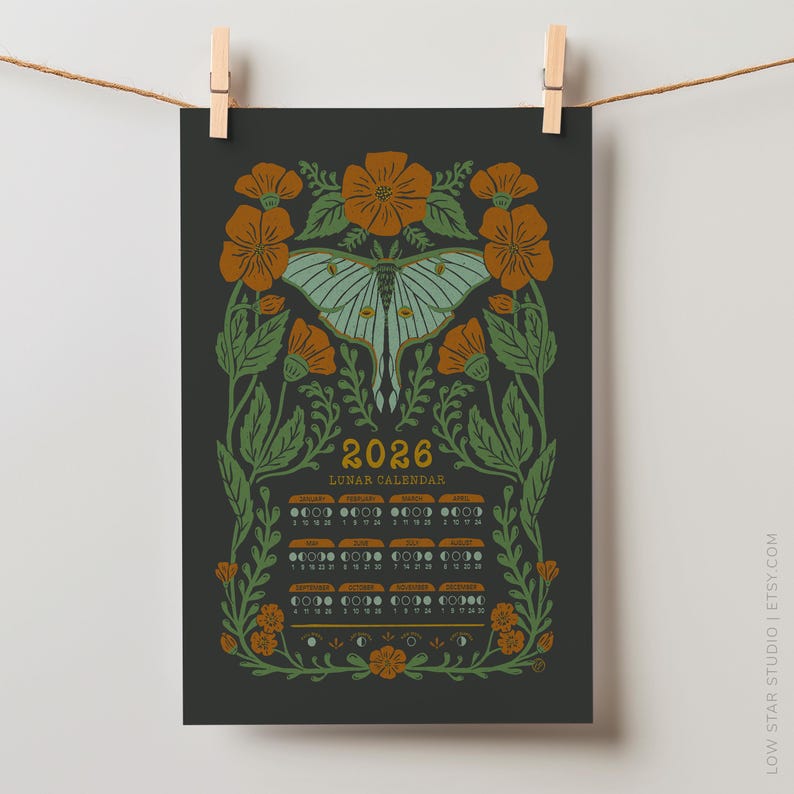 Luna Moth 2026 Lunar Calendar • Vintage Botanical Moon Phase Art • Boho ...